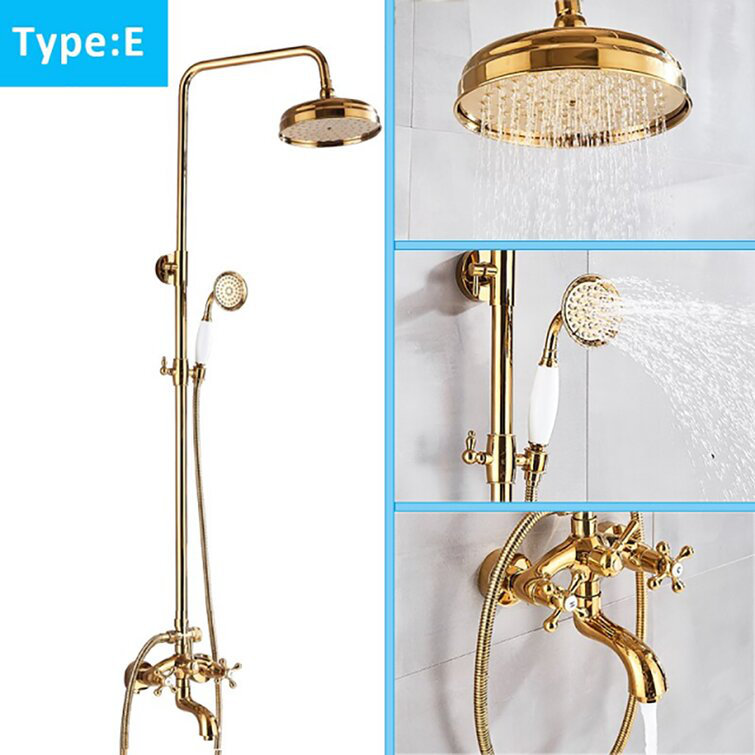 Juno Showers Juno Luxury Gold Brass Rainfall Shower Set with Dual Handle Mixer – Wall-Mounted, 8 ...